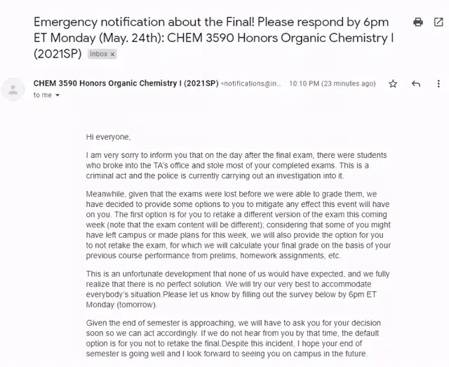 Cornell student steals chemistry final exam papers! The police have ...